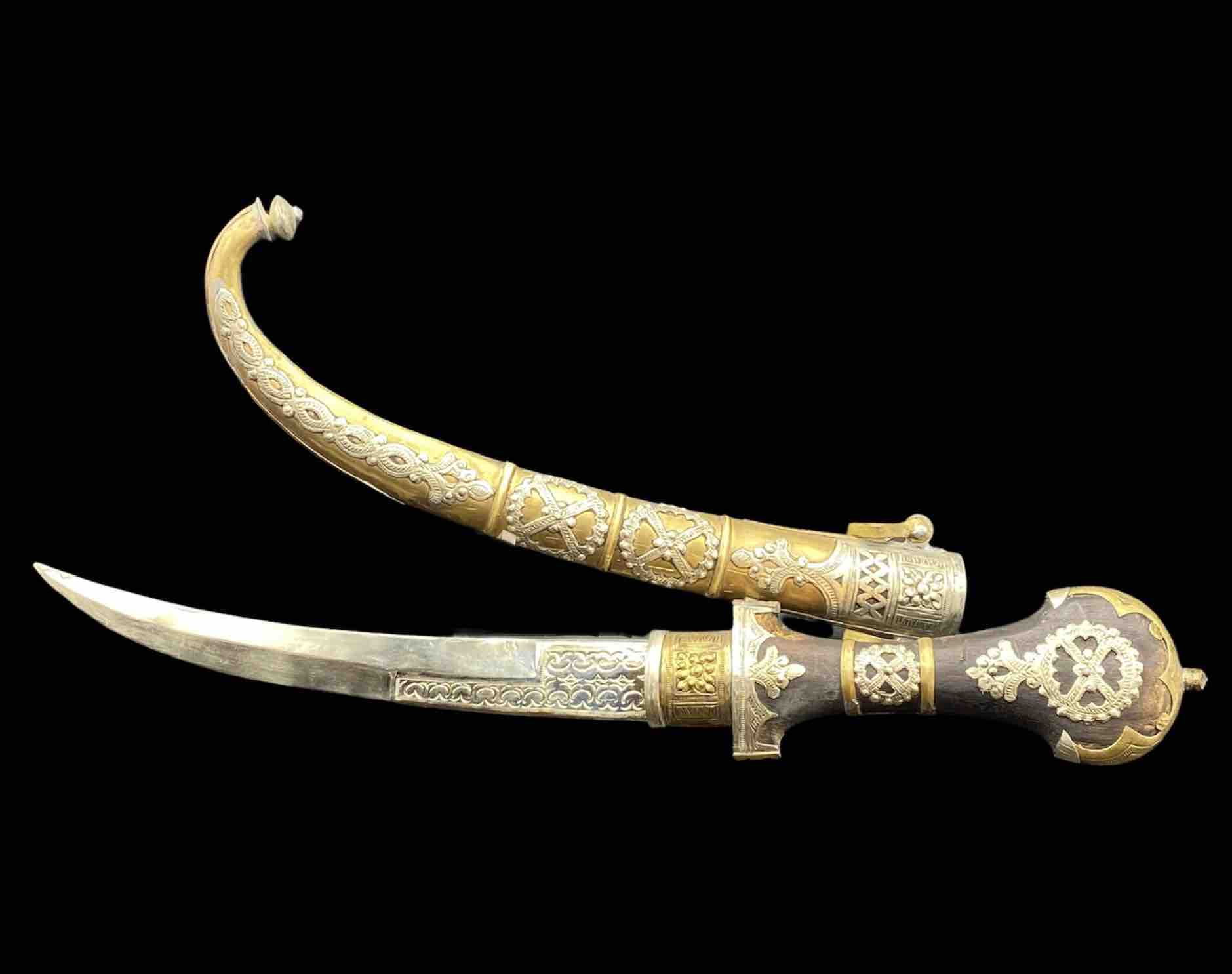 Moroccan Tribal Dagger Inlaid Scabbard in Brass and Nickel Silver ...